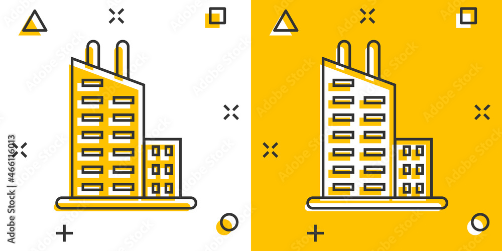 Building icon in comic style. Town skyscraper apartment cartoon vector ...