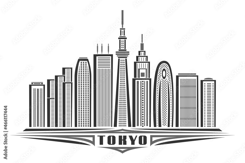 Vector illustration of Tokyo, monochrome horizontal poster with linear ...