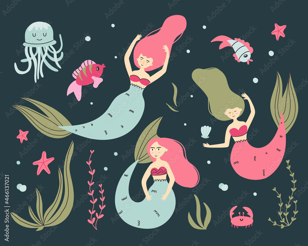 Cartoon mermaid set. Cute little underwater character, princess fish ...