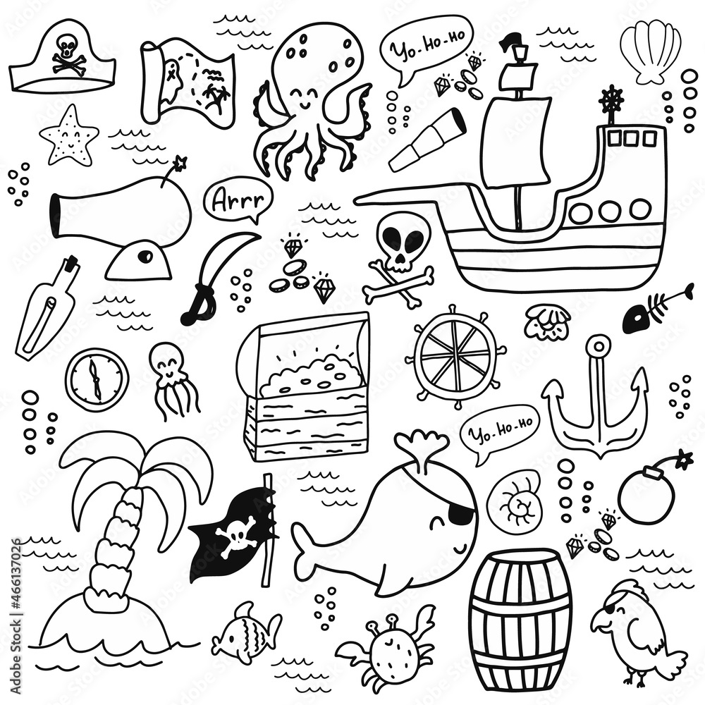 Vector isolated illustration set of doodle pirate bundle.Cute doodle ...