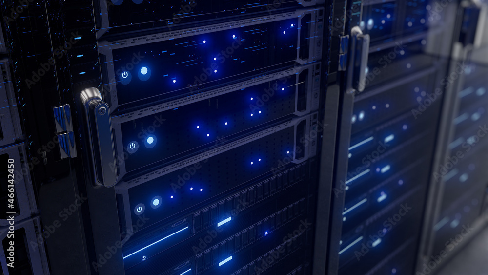 Modern interior server room data center. Connection and cyber network ...