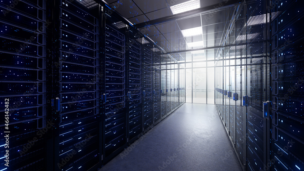 Modern interior server room data center. Connection and cyber network ...