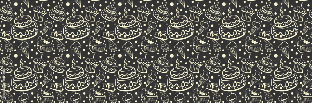 Abstract background images with pastries and cakes on a black ...
