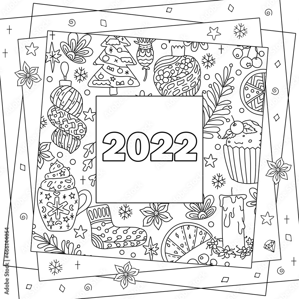 Happy New Year. Hand drawing coloring page for kids and adults. Holiday ...