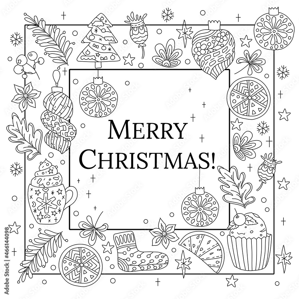 Merry Christmas. Hand drawing coloring page for kids and adults ...