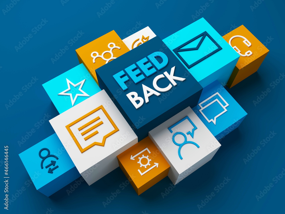 3D render of perspective view of FEEDBACK business concept with symbols ...