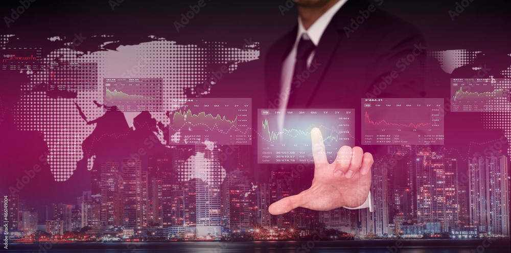Businessman touchscreen line of Stock market or forex trading graph and ...