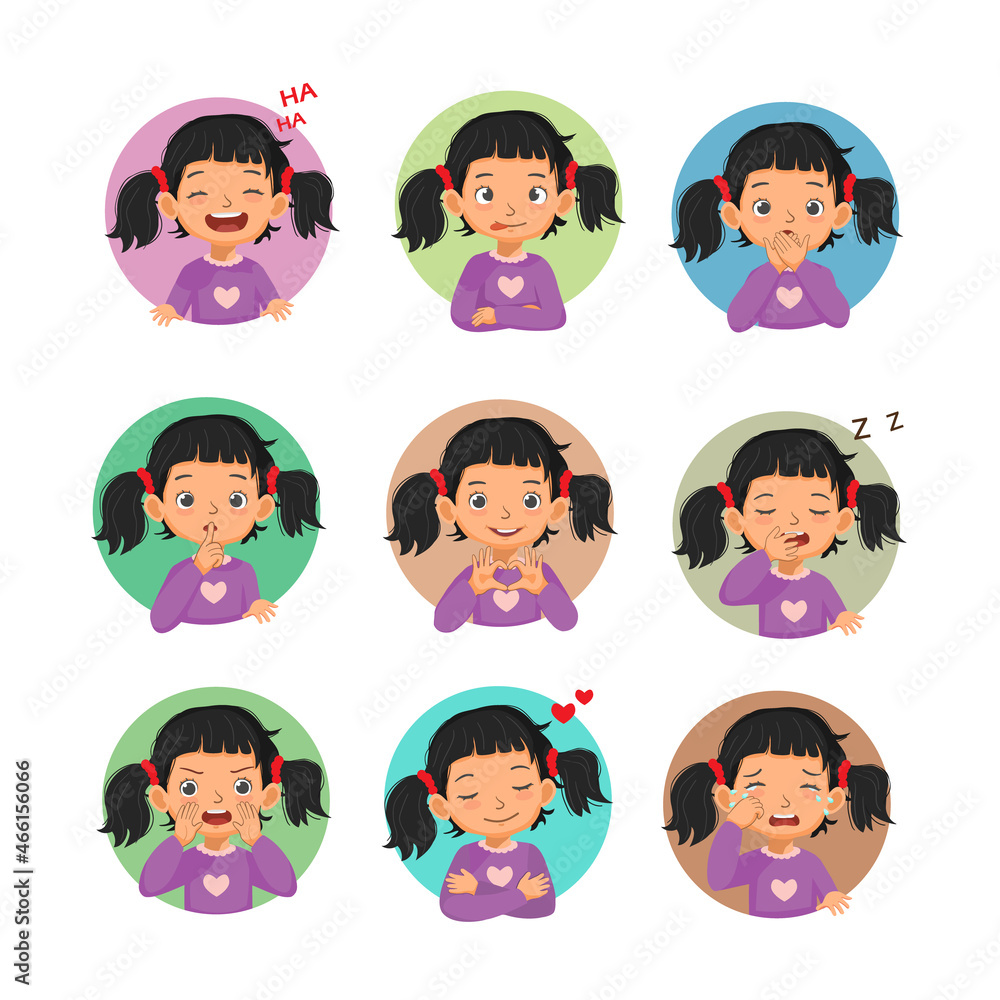 Little girl facial expressions emotions set. Such as laughing, silly ...