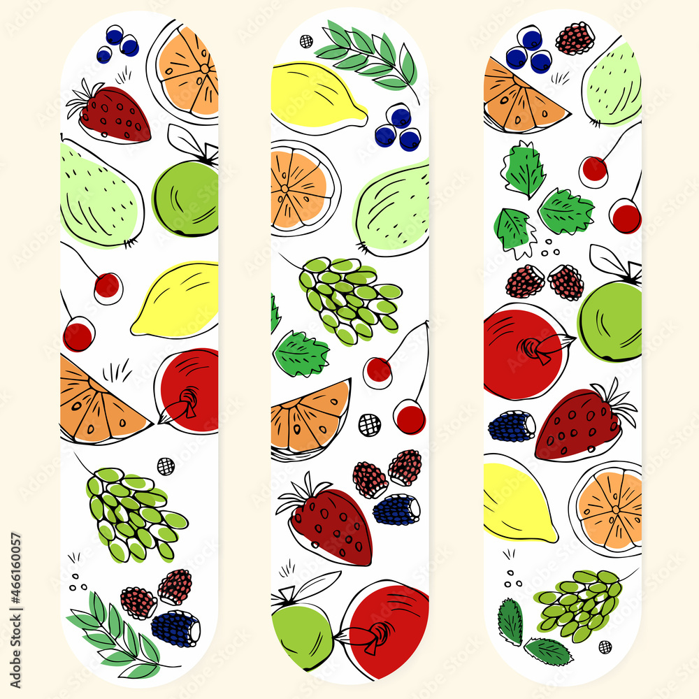 Vector set of bookmarks in the style of a doodle with leaves, fruits ...