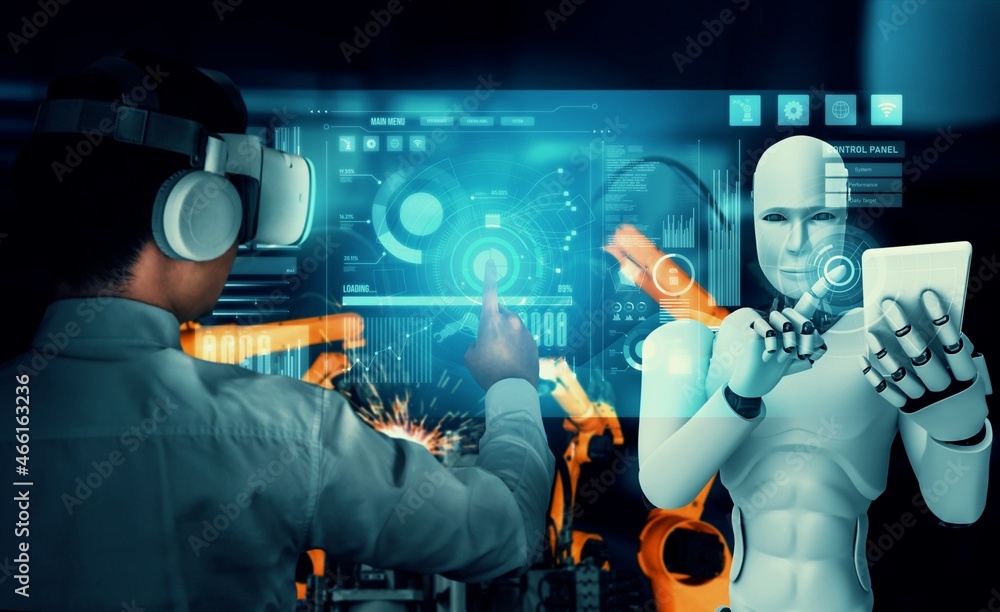 Mechanized industry robot and human worker working together in future ...