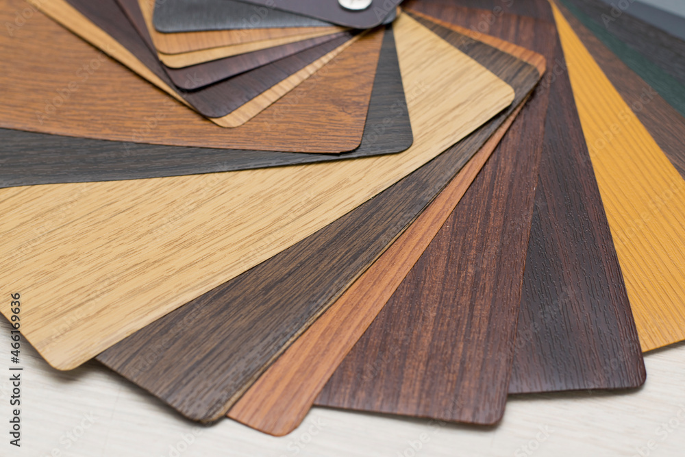 Samples of PVC films of various colors and textures. Material for ...