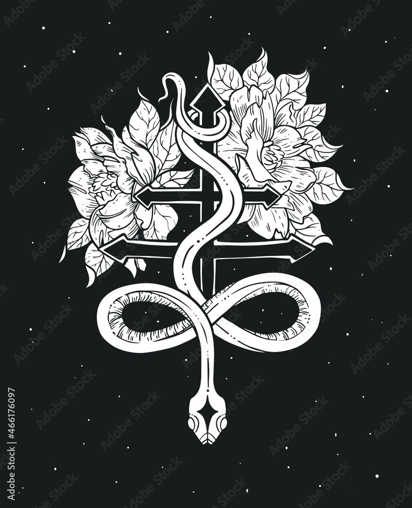 cross of leviathan with a snake and flowers, cross of satan, magic ...