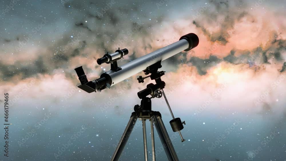 The night sky landscape with telescope silhouette. Starry sky ...