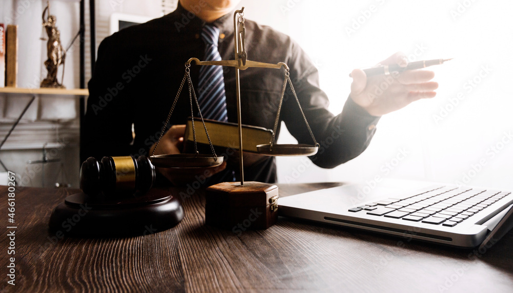 Justice and law concept.Male judge in a courtroom with the gavel ...