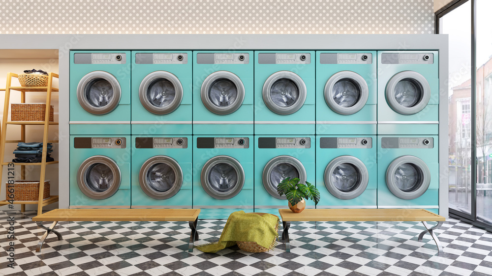 Laundry shop interior with seat and washing machines.3d rendering Stock Illustration | Adobe Stock