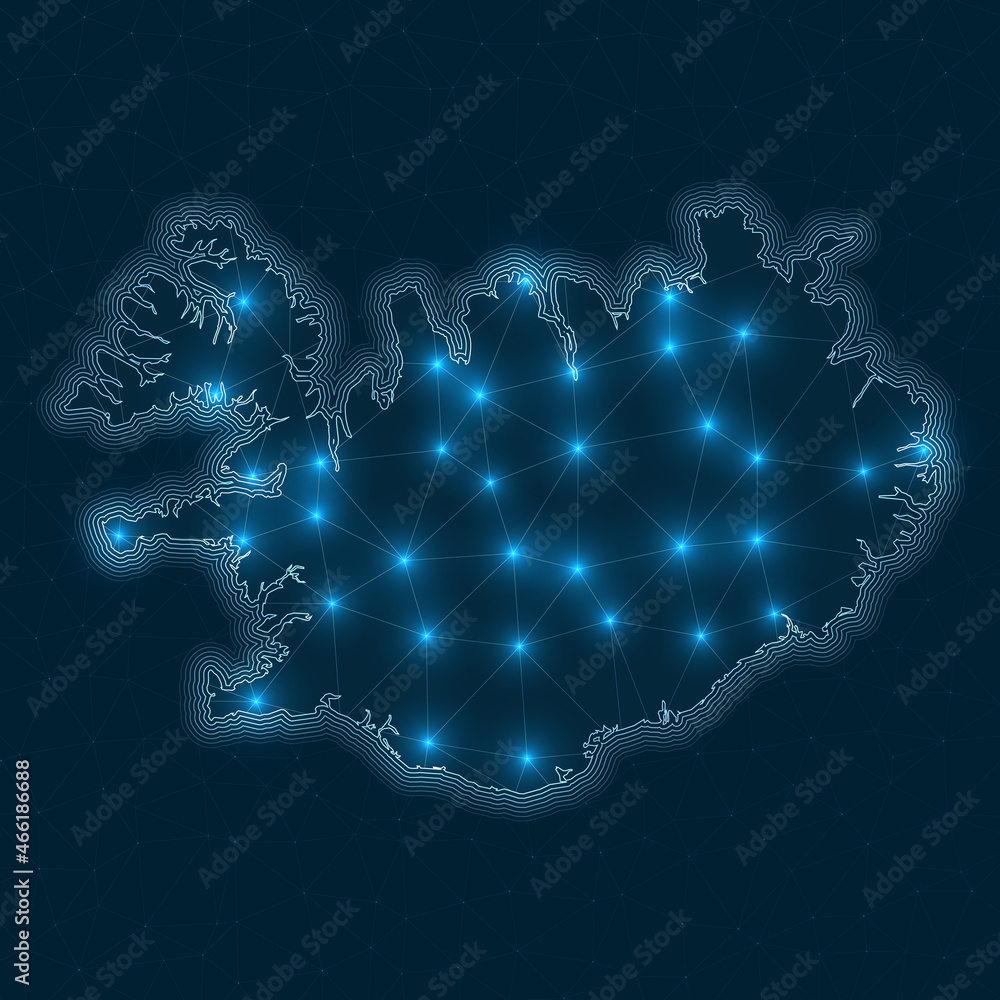 Iceland network map. Abstract geometric map of the country. Digital ...