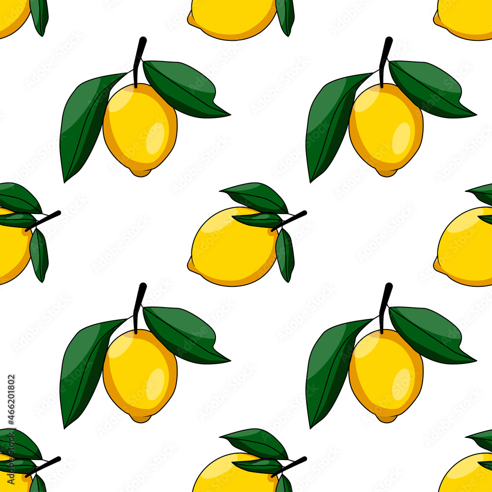 Bright cartoon yellow lemons with leaves seamless pattern on white ...