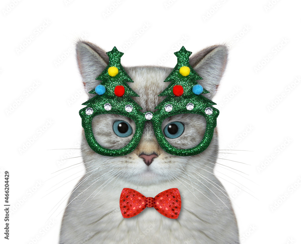 An ashen cat wears a Christmas mask. White background. Isolated. Stock ...