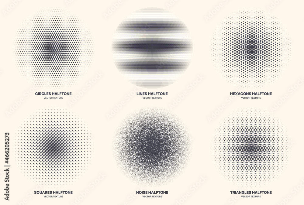 Different Variations Halftone Texture Set Vector Abstract Geometric Circular Pattern Isolated On