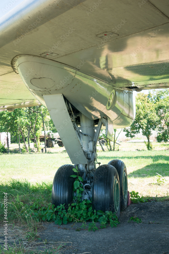 Aircraft chassis. Hull, chassis, engines and propellers of an old plane ...