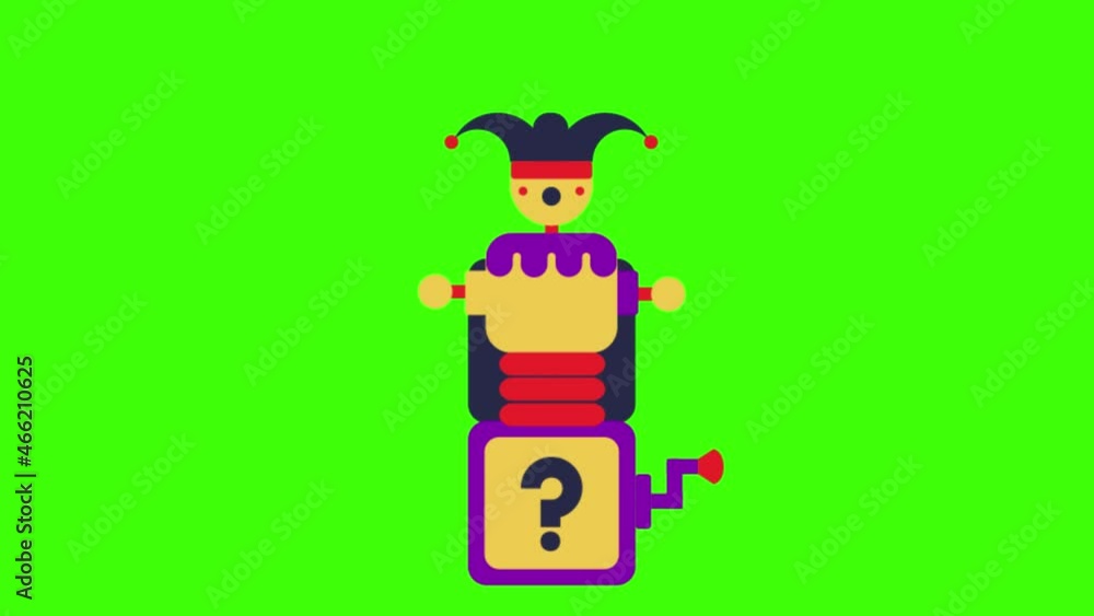 A 2D animated illustration of a box clown toy with a question mark on a ...