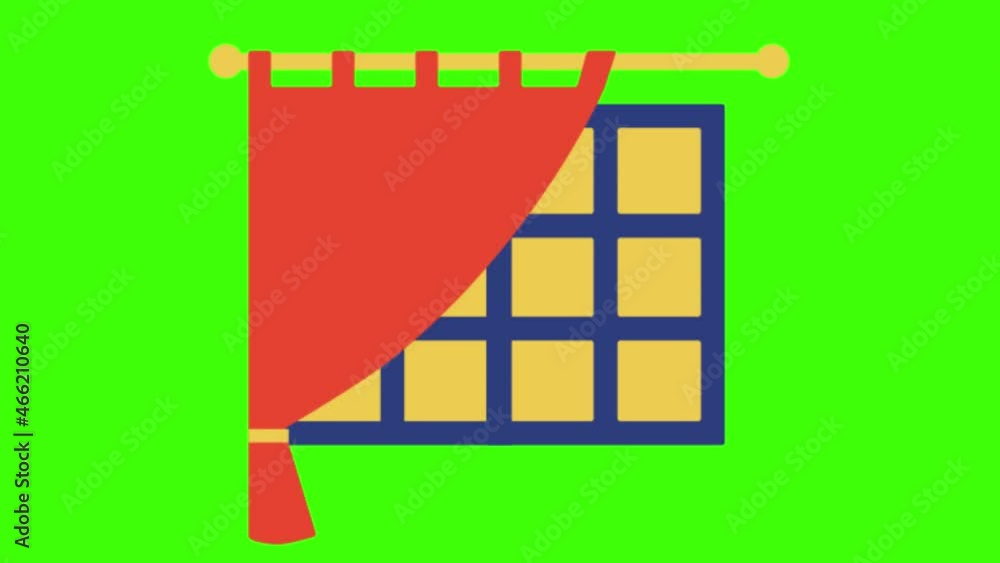 A 2D animated illustration of a window with a red curtain on a green ...
