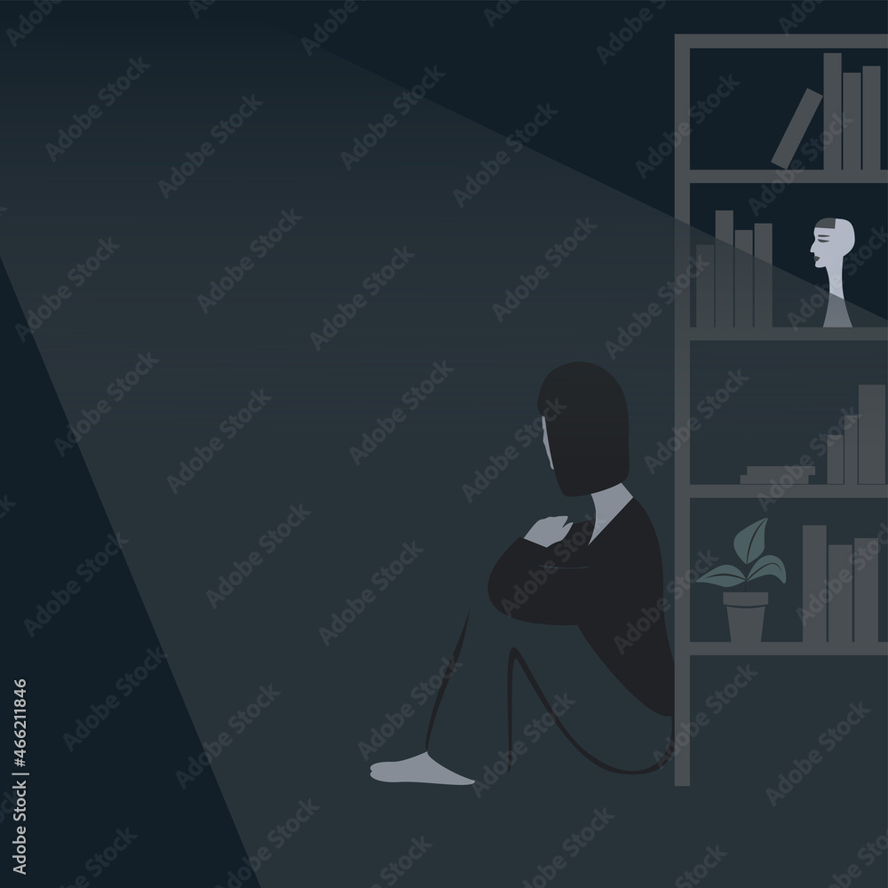 Mental health. Sad girl is sitting on the floor near bookshelf ...