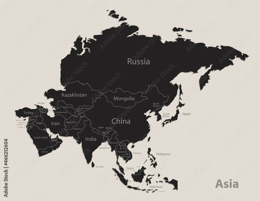 Black map of Asia with names of states, design blackboard vector Stock ...