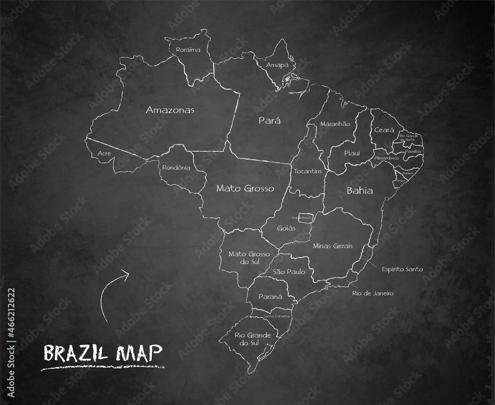 Brazil map, separates states with names, design card blackboard ...