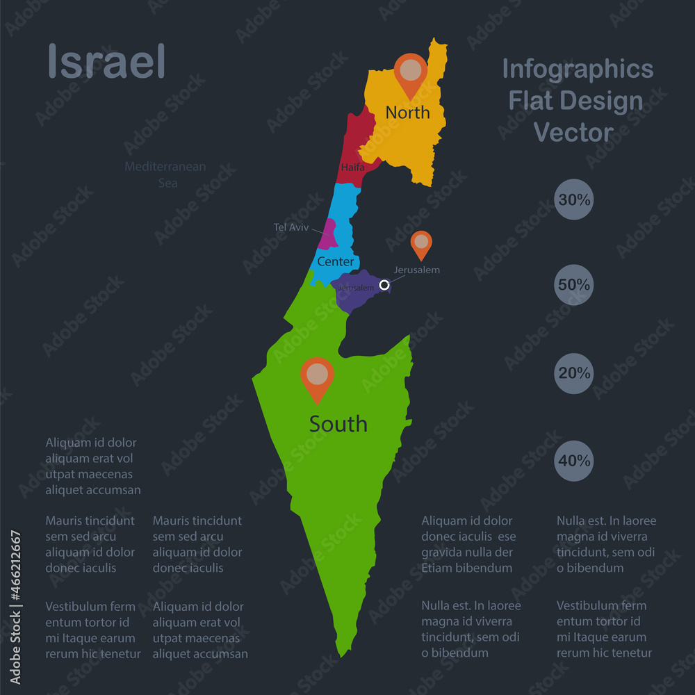 Infographics Israel map, flat design colors, names of individual ...