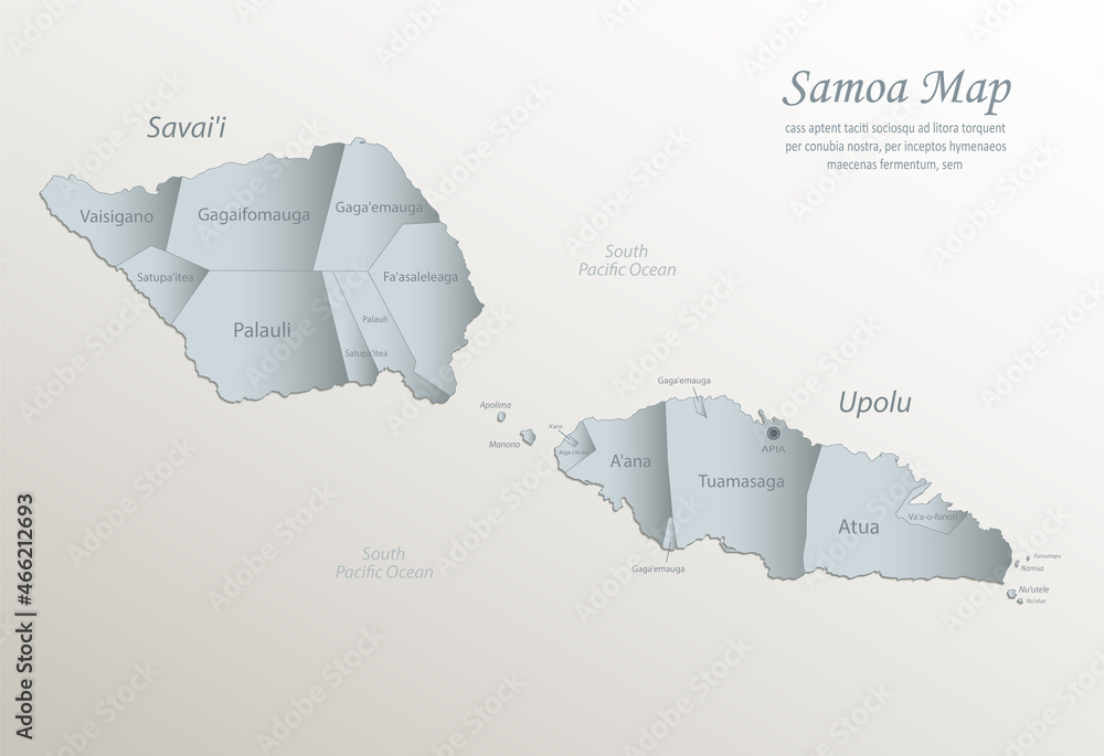 Samoa map, administrative division with names, white blue card paper 3D ...