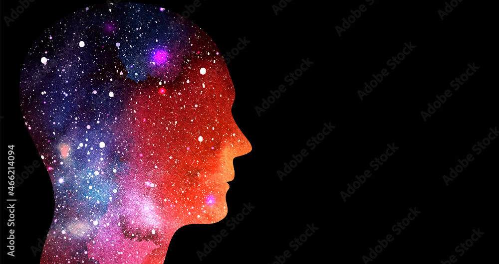 Vector illustration of space colored human head on black background ...