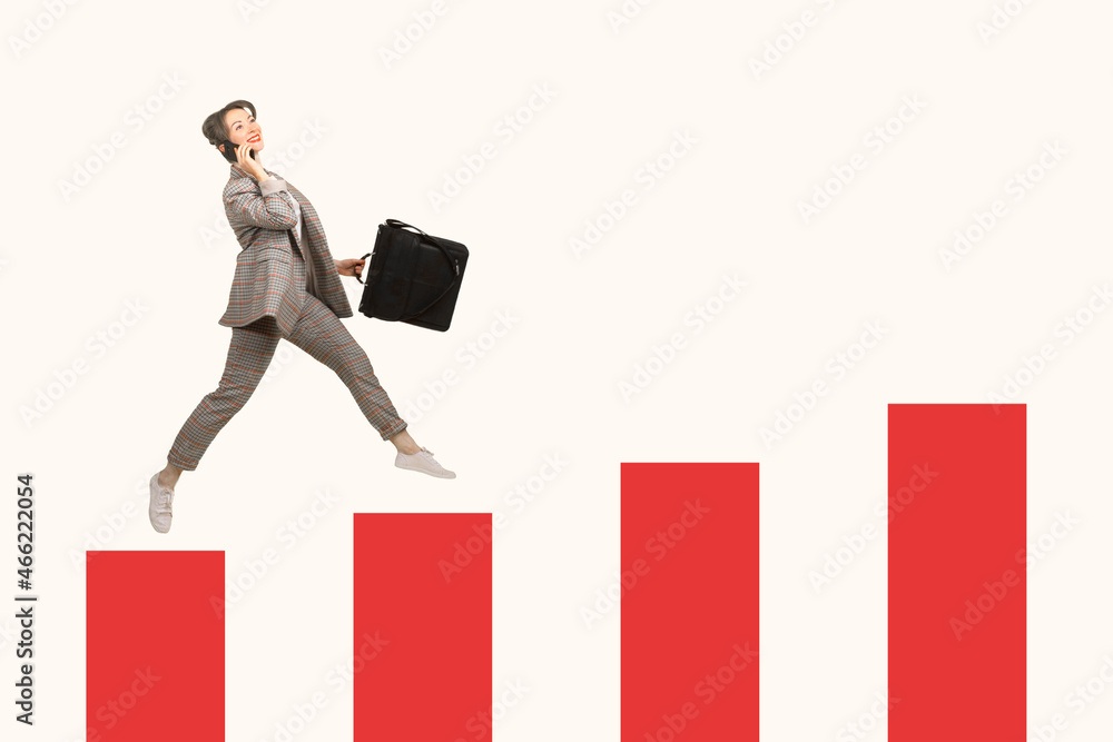 Career ladder concept. Woman jumping up career ladder. Contented woman ...