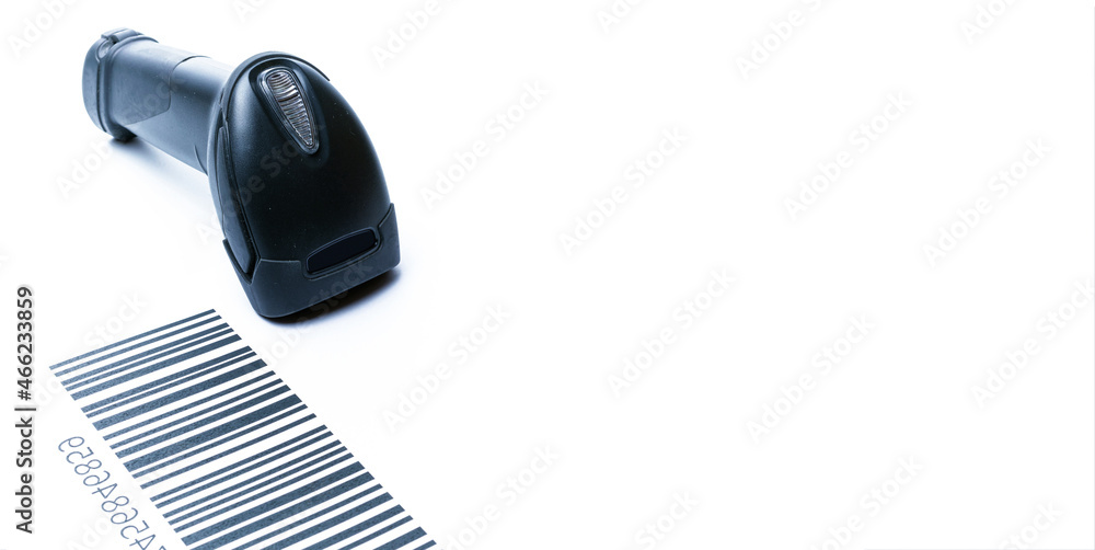 Barcode scanning. Reader laser scanner for warehouse. Retail label ...