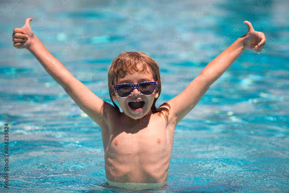Child boy swim in swimming pool. Activities child on the pool, children ...
