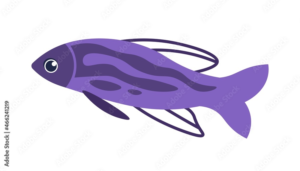 Cartoon fish. Doodle ocean cute animal. Violet marine swimming creature ...