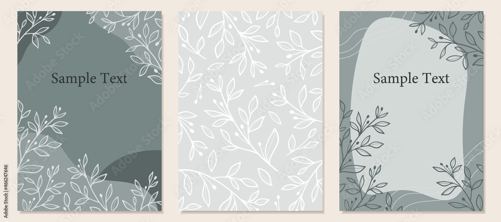 Set of background design templates with hand drawn leaves, branches ...