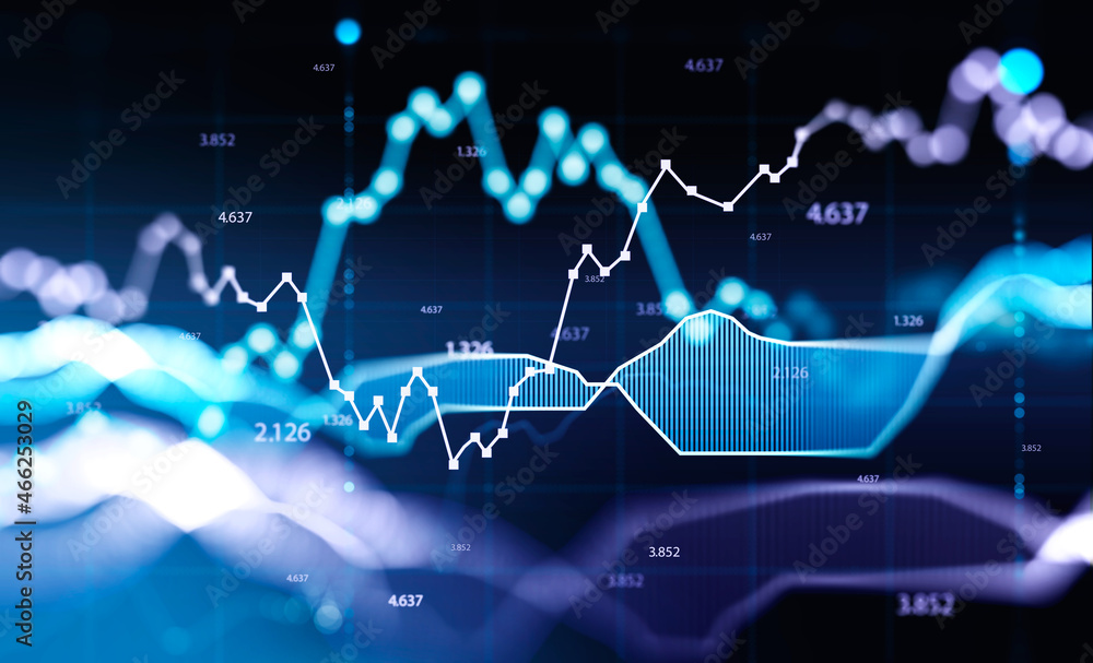 Concept of stock market and fintech data analysis. Blue and violet ...