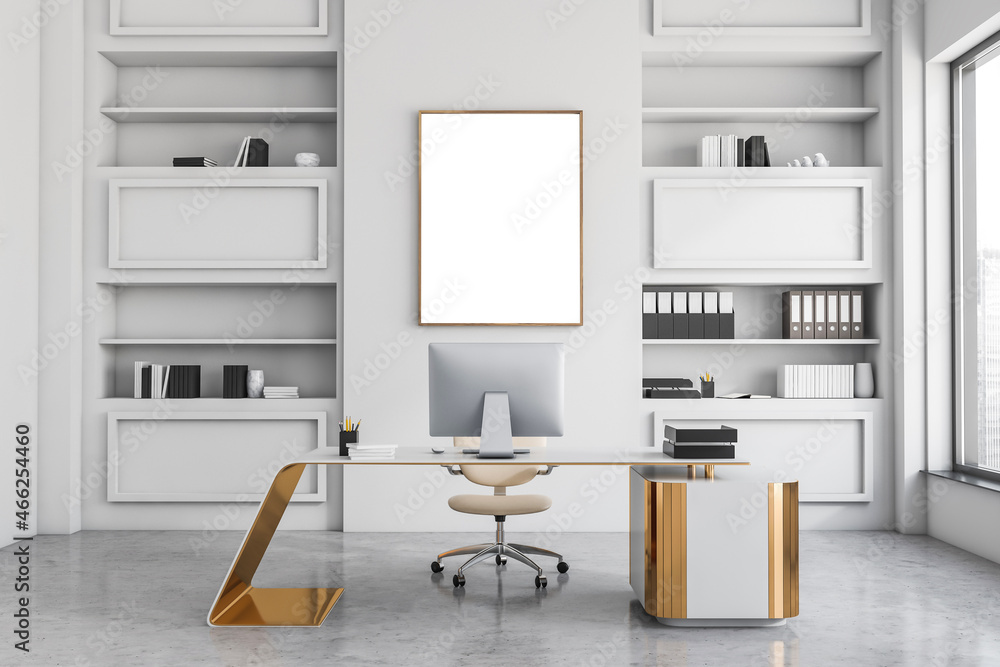 Frame on white wall of top manager office with gold details Stock ...