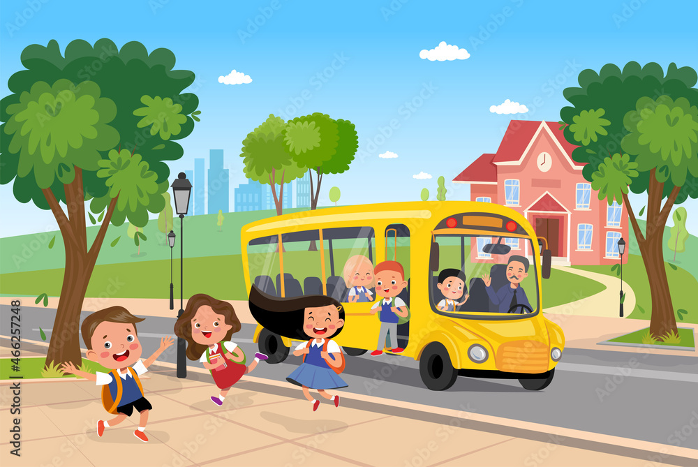 Vector cartoon yellow school bus with pupil Stock Vector | Adobe Stock