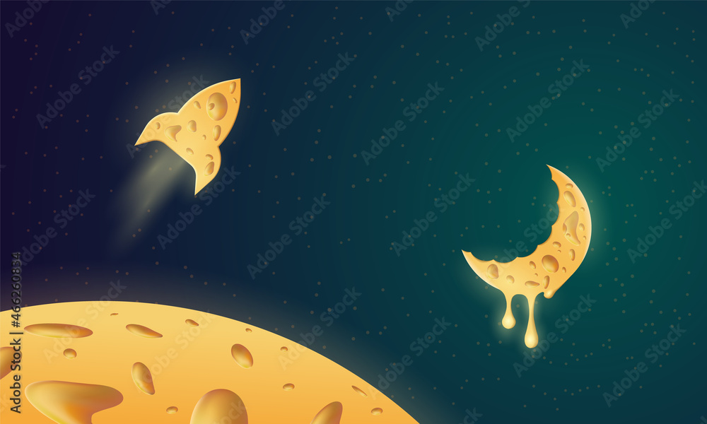 Space background with cheese texture objects. Cheese rocket flies to ...