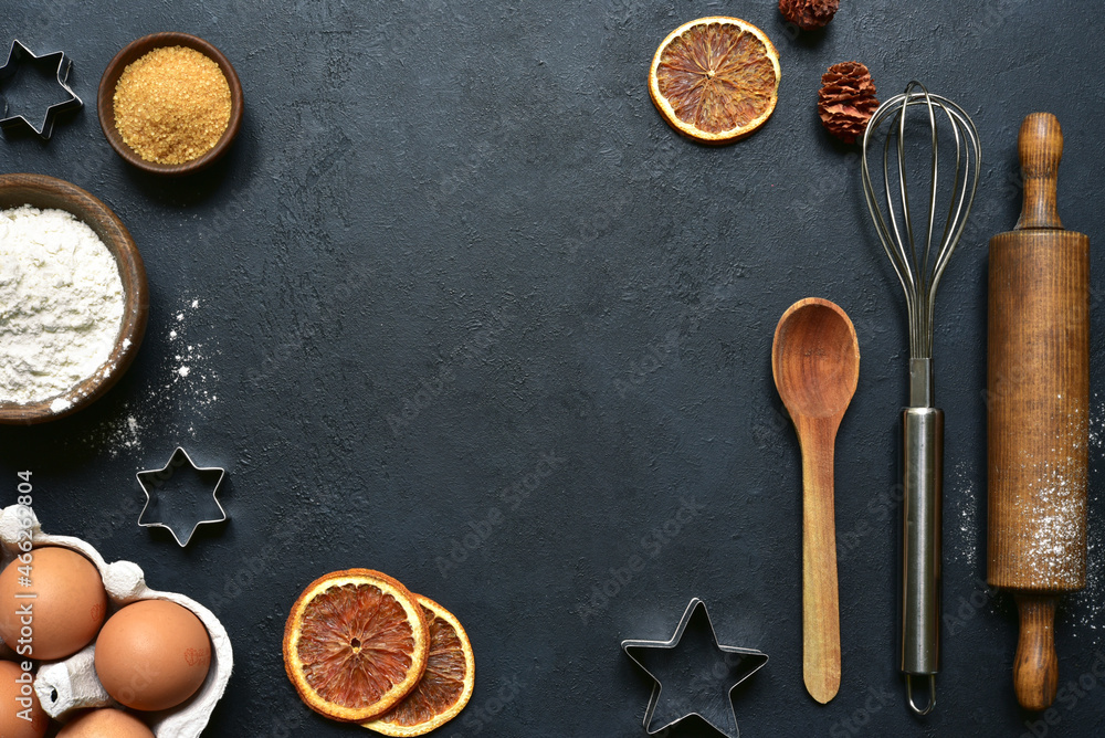 Cooking background with ingredients and props for baking. Top view with ...