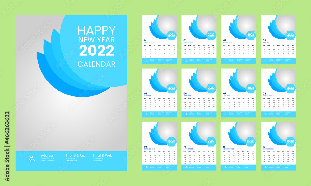 Blue color Calendar template for the year 2022 A set of pages for 12 ...