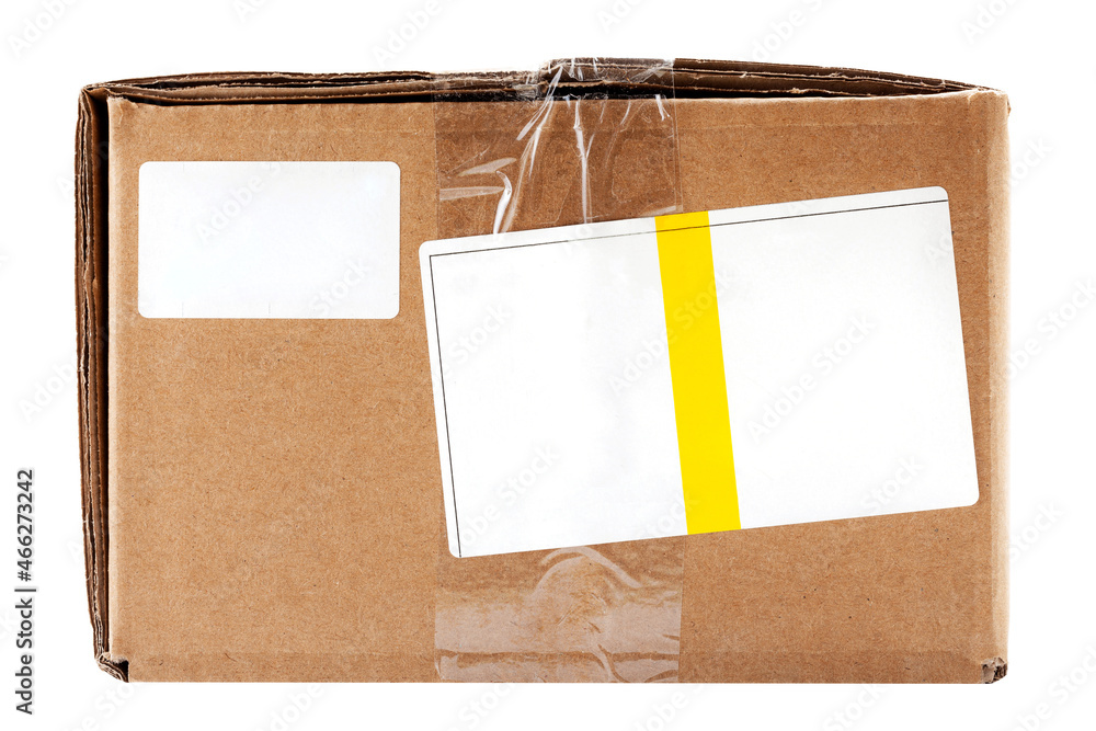 Simple brown carton package, post delivery parcel, box with white blank ...