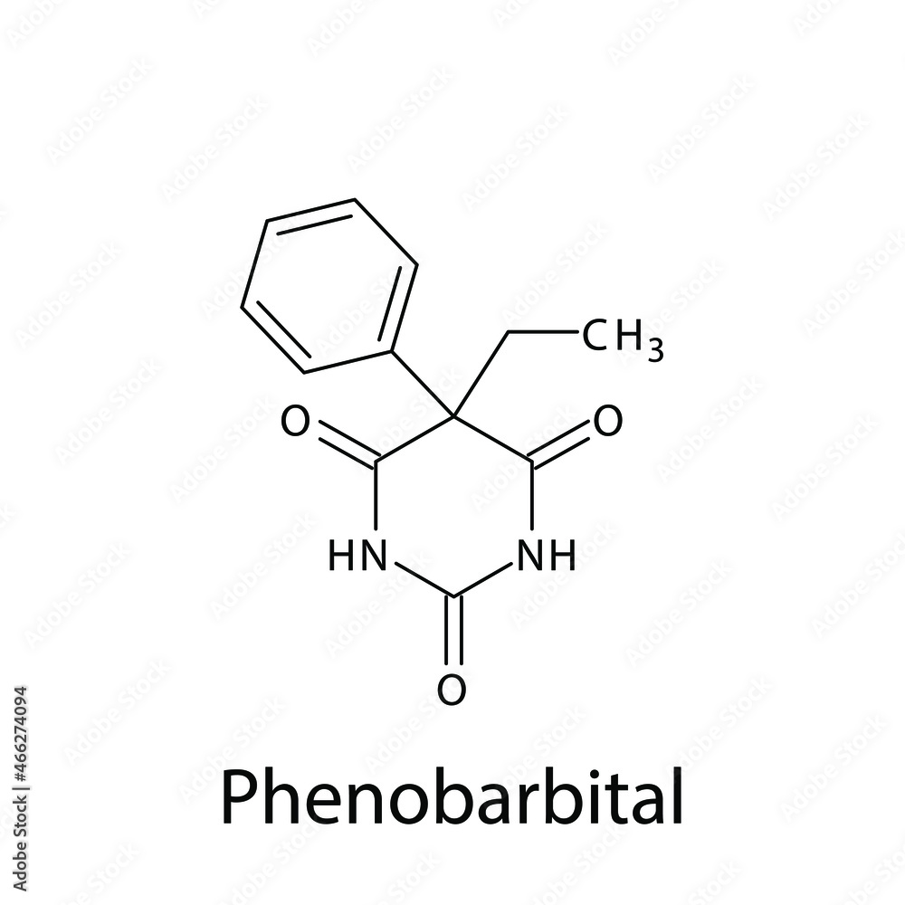Phenobarbital molecular structure, flat skeletal chemical formula. Anti ...
