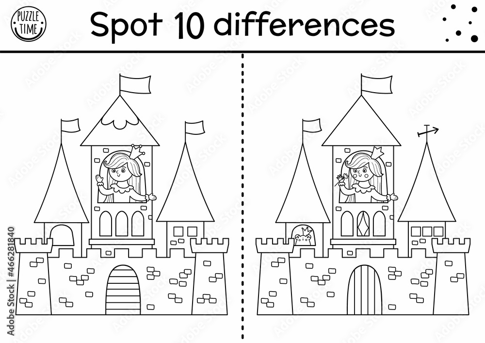 Black and white find differences game for children. Fairytale ...