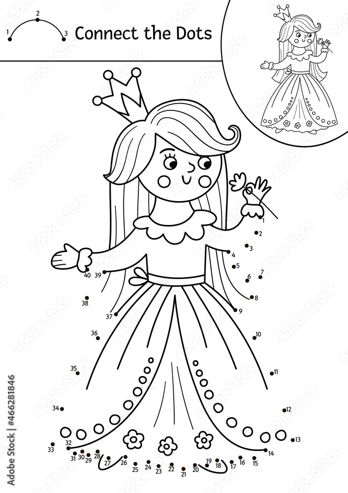 Vector dot-to-dot and color activity with cute princess and flower ...