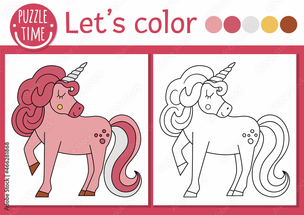 Magic kingdom coloring page for children with unicorn. Vector fairytale ...