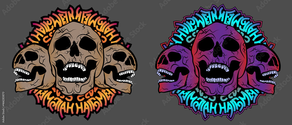 Two versions of the skull print infront of the rounded "Halloween ...