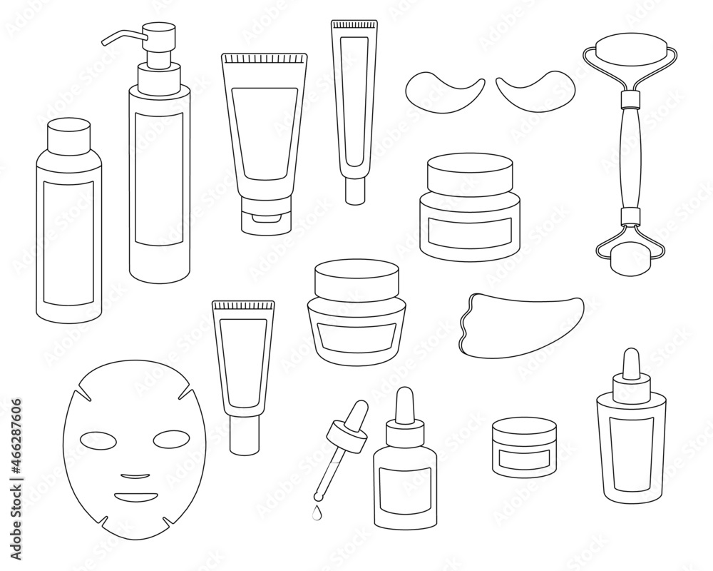 Set of skin care products. Bundle of outline design cosmetics and ...